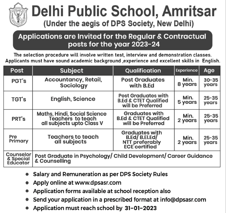 Jobs & Career – Delhi Public School Amritsar